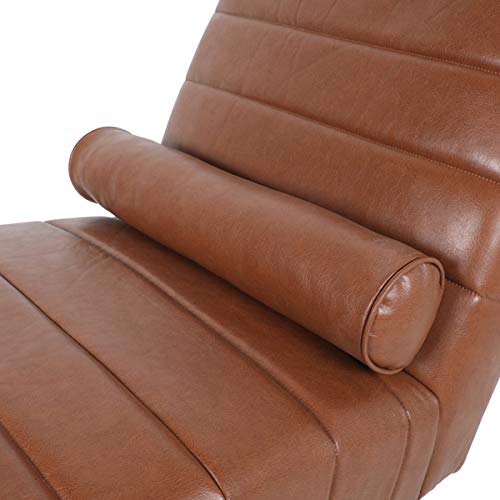 Faux Leather Armless Chaise Lounge Channel Stitching with Lumbar Pillow Cognac