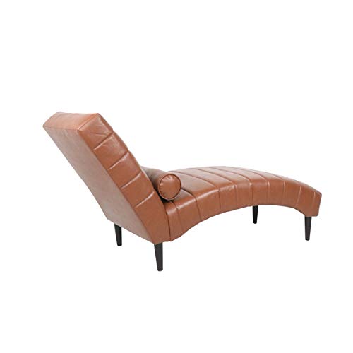 Faux Leather Armless Chaise Lounge Channel Stitching with Lumbar Pillow Cognac