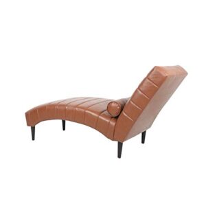 Faux Leather Armless Chaise Lounge Channel Stitching with Lumbar Pillow Cognac