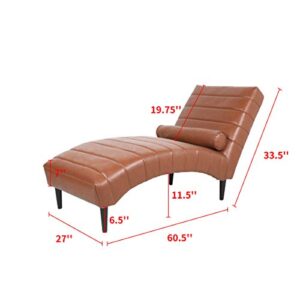 Faux Leather Armless Chaise Lounge Channel Stitching with Lumbar Pillow Cognac