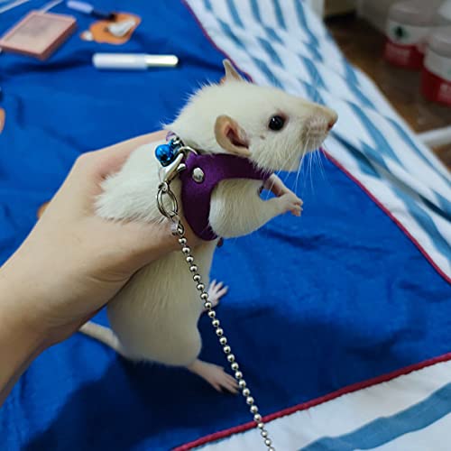 Adjustable Fancy Rat Hamster Harness Rat Guinea Pig Training Walking with Bell Leather Leash Reptile Harness Suitable for Small, Medium，Large Rats or Reptiles (Purple)