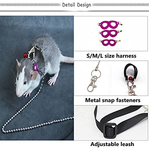 Adjustable Fancy Rat Hamster Harness Rat Guinea Pig Training Walking with Bell Leather Leash Reptile Harness Suitable for Small, Medium，Large Rats or Reptiles (Purple)