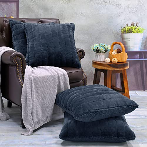 Home Soft Things Dark Blue Super Mink Solid Color Throw Pillow Shell with Sherpa Backing Cushion Cover 4 Piece Set, 20" x 20", Parisain Night