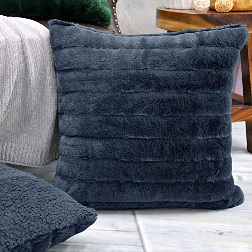 Home Soft Things Dark Blue Super Mink Solid Color Throw Pillow Shell with Sherpa Backing Cushion Cover 4 Piece Set, 20" x 20", Parisain Night