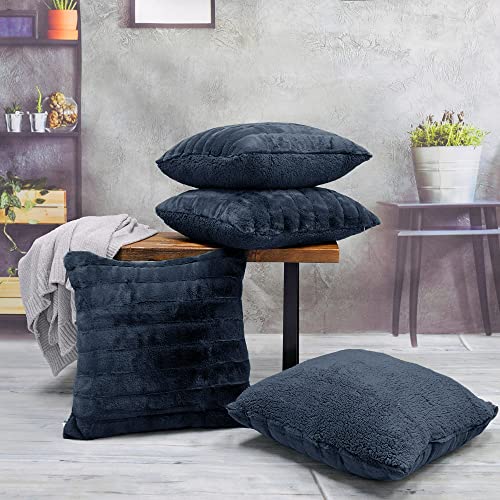 Home Soft Things Dark Blue Super Mink Solid Color Throw Pillow Shell with Sherpa Backing Cushion Cover 4 Piece Set, 20" x 20", Parisain Night