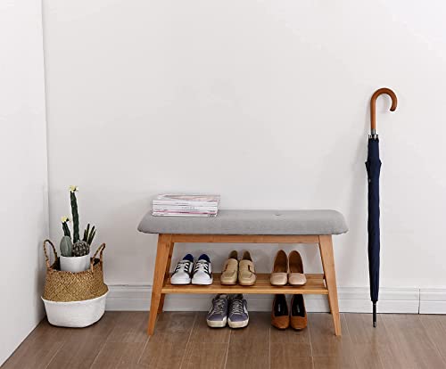 SOBIBO Shoe Entryway Bench, Bamboo Shoe Rack Bench, Organizer with 2 Tier Storage Simple Style Good Load Bearing, Ideal for Entryway Hallway Living Room,(Nature,35.4'')