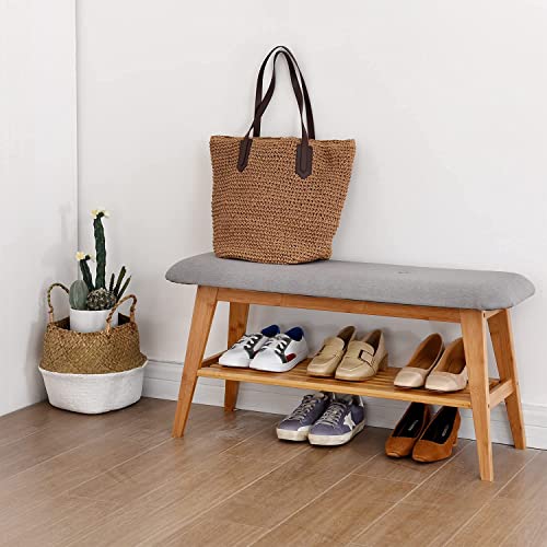 SOBIBO Shoe Entryway Bench, Bamboo Shoe Rack Bench, Organizer with 2 Tier Storage Simple Style Good Load Bearing, Ideal for Entryway Hallway Living Room,(Nature,35.4'')