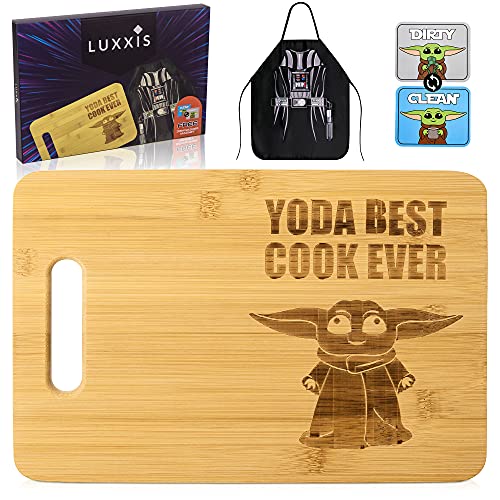 Luxxis Star Wars Kitchen Cutting Board Cooking Accessories - Yoda Best Cook Ever Laser Engraved Bamboo Kitchen Gifts Set- Premium Cookware Apron - Cute Dishwasher Magnet