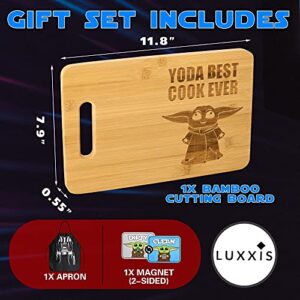 Luxxis Star Wars Kitchen Cutting Board Cooking Accessories - Yoda Best Cook Ever Laser Engraved Bamboo Kitchen Gifts Set- Premium Cookware Apron - Cute Dishwasher Magnet