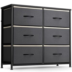 fezibo dresser organizer, chest of drawers-dresser for bedroom, hallway, entryway, closets, furniture storage tower-steel frame, wood top, 6 drawers organizer units-black grey white edge