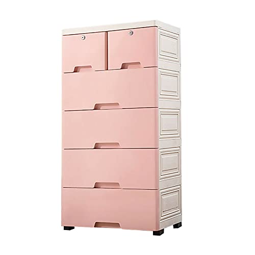 6 Drawer Dresser Vertical Cupboard Cabinet Plastic Dresser Storage with 4 Wheel and 4 Large Drawers and Top 2 Small Cabinets Locker(With Keys) for Closets Bedrooms Nurseries Playrooms and More (Pink)