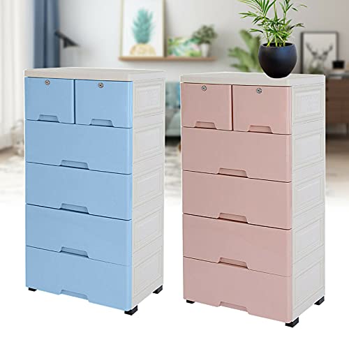 6 Drawer Dresser Vertical Cupboard Cabinet Plastic Dresser Storage with 4 Wheel and 4 Large Drawers and Top 2 Small Cabinets Locker(With Keys) for Closets Bedrooms Nurseries Playrooms and More (Pink)