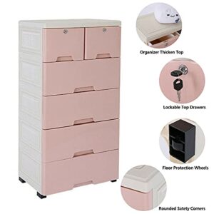 6 Drawer Dresser Vertical Cupboard Cabinet Plastic Dresser Storage with 4 Wheel and 4 Large Drawers and Top 2 Small Cabinets Locker(With Keys) for Closets Bedrooms Nurseries Playrooms and More (Pink)