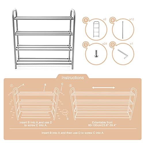 Gurkkst 4 Tier Extendable Long Shoe Rack for Closet Shoe Organiser Strong and Durable Heavy Duty Metal Shoe Shelf Holds 20+ Pairs (60-100) x 22,5 x 61,5 cm