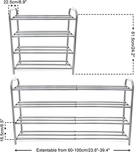 Gurkkst 4 Tier Extendable Long Shoe Rack for Closet Shoe Organiser Strong and Durable Heavy Duty Metal Shoe Shelf Holds 20+ Pairs (60-100) x 22,5 x 61,5 cm