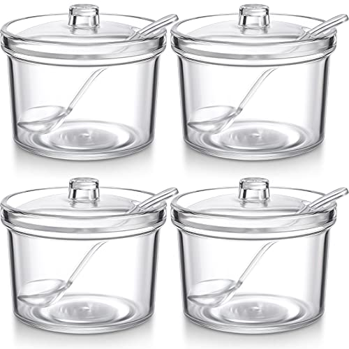 Patelai 4 Pieces Sugar Bowl Acrylic Clear Sugar Bowl with Lid and Salt Spoon Storage Sugar Jar with Airtight Lid for Sugar, Salt, Tea, Spices, Herbs, Condiments (7.1 oz)