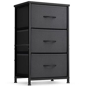 fezibo 3 drawer fabric dresser storage tower, organizer unit for bedroom, closet, entryway, hallway, nursery room -steel frame, wood top, easy pull handle-black grey