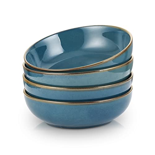 Selamica Ceramic 30 Ounce Large Pasta Bowls 8 inch Serving Bowls, Wide and Shallow Porcelain Bowls, Microwave Dishwasher Safe, Set of 4, Ceylon Blue(Glod rim)