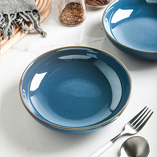 Selamica Ceramic 30 Ounce Large Pasta Bowls 8 inch Serving Bowls, Wide and Shallow Porcelain Bowls, Microwave Dishwasher Safe, Set of 4, Ceylon Blue(Glod rim)