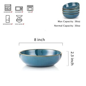 Selamica Ceramic 30 Ounce Large Pasta Bowls 8 inch Serving Bowls, Wide and Shallow Porcelain Bowls, Microwave Dishwasher Safe, Set of 4, Ceylon Blue(Glod rim)