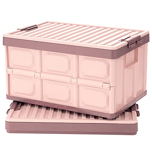 JUJIAJIA Pink Collapsible Storage Bins with Lids 2-Pack, Folding Plastic Stackable Utility Crates 30L, Durable Containers for Home & Garage Organization