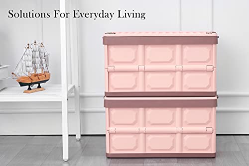 JUJIAJIA Pink Collapsible Storage Bins with Lids 2-Pack, Folding Plastic Stackable Utility Crates 30L, Durable Containers for Home & Garage Organization