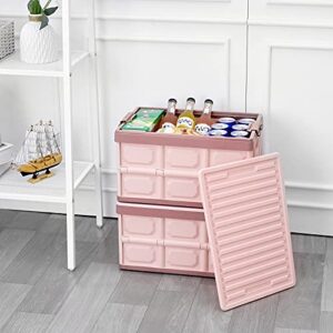 JUJIAJIA Pink Collapsible Storage Bins with Lids 2-Pack, Folding Plastic Stackable Utility Crates 30L, Durable Containers for Home & Garage Organization