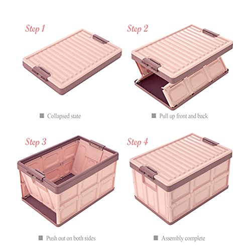 JUJIAJIA Pink Collapsible Storage Bins with Lids 2-Pack, Folding Plastic Stackable Utility Crates 30L, Durable Containers for Home & Garage Organization