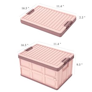 JUJIAJIA Pink Collapsible Storage Bins with Lids 2-Pack, Folding Plastic Stackable Utility Crates 30L, Durable Containers for Home & Garage Organization