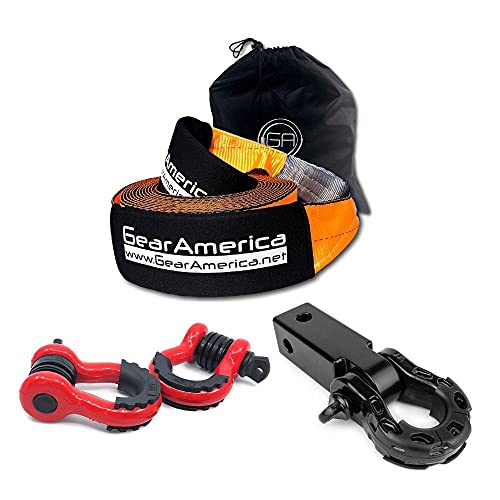 GearAmerica Tow Straps 4" x 30' 45,000 lbs trength + 2PK Heavy Duty D Ring Shackles Red 58,000 lbs Strength + Black Aluminum Hitch Receiver 2"x2" 32,000 lbs trength