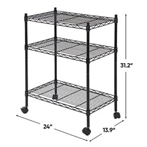 ZenStyle 3-Tier Adjustable Shelving Unit, Commercial-Grade Steel Wire Shelving Rack with 3" Wheels, Heavy Duty Storage Chrome Shelves for Garage, Kitchen, Living Room, 24" W x 14" D x 32.75" H, Black