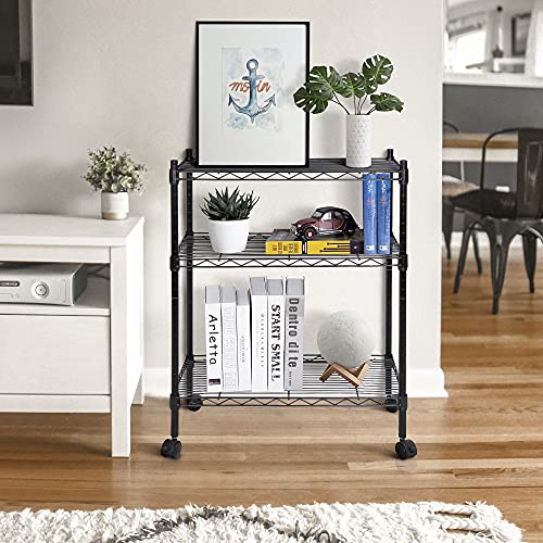 ZenStyle 3-Tier Adjustable Shelving Unit, Commercial-Grade Steel Wire Shelving Rack with 3" Wheels, Heavy Duty Storage Chrome Shelves for Garage, Kitchen, Living Room, 24" W x 14" D x 32.75" H, Black