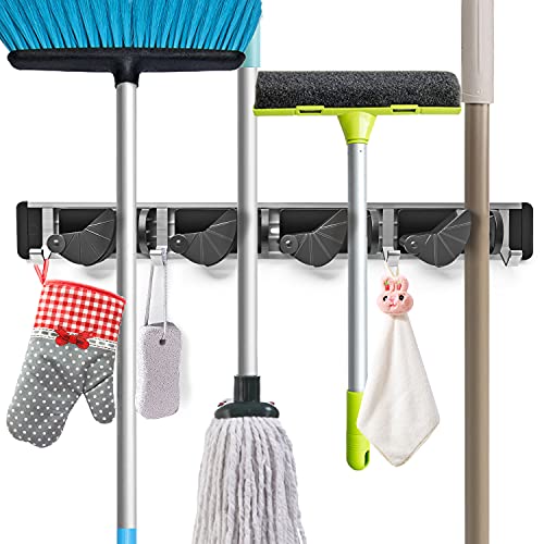 TKISZYZR Mop and Broom Holder Wall Mount Metal Pantry Organization and Storage, Mop Broom Hanger Wall Mount Garden Tool Organizer for Home Goods (4 Positions with 4 Hooks, Black)