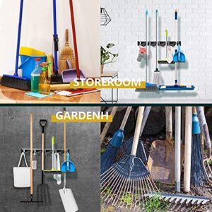 TKISZYZR Mop and Broom Holder Wall Mount Metal Pantry Organization and Storage, Mop Broom Hanger Wall Mount Garden Tool Organizer for Home Goods (4 Positions with 4 Hooks, Black)