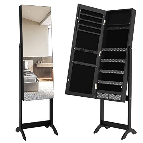 YITAHOME 2 in 1 Jewelry Cabinet with Full Length Mirror, Standing Large Capacity Jewelry Armoire Organizer with 2 Drawers, 3 Angle Adjustable,Black