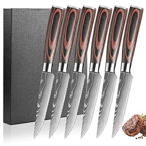 XT XITUO Steak Knives Set of 6 Piece Damascus Patterned Stainless Steel Serrated Knife Wooden Handle Beef Cleaver Multipurpose Restaurant Cutlery Table Knife (6PC Steak Knife Set)