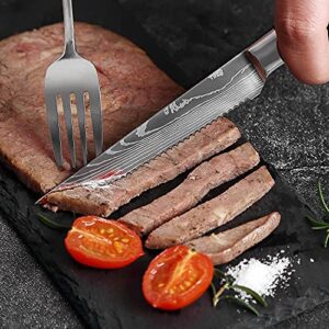 XT XITUO Steak Knives Set of 6 Piece Damascus Patterned Stainless Steel Serrated Knife Wooden Handle Beef Cleaver Multipurpose Restaurant Cutlery Table Knife (6PC Steak Knife Set)