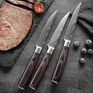 XT XITUO Steak Knives Set of 6 Piece Damascus Patterned Stainless Steel Serrated Knife Wooden Handle Beef Cleaver Multipurpose Restaurant Cutlery Table Knife (6PC Steak Knife Set)