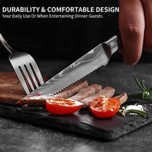 XT XITUO Steak Knives Set of 6 Piece Damascus Patterned Stainless Steel Serrated Knife Wooden Handle Beef Cleaver Multipurpose Restaurant Cutlery Table Knife (6PC Steak Knife Set)