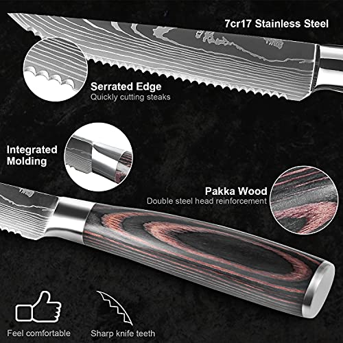 XT XITUO Steak Knives Set of 6 Piece Damascus Patterned Stainless Steel Serrated Knife Wooden Handle Beef Cleaver Multipurpose Restaurant Cutlery Table Knife (6PC Steak Knife Set)