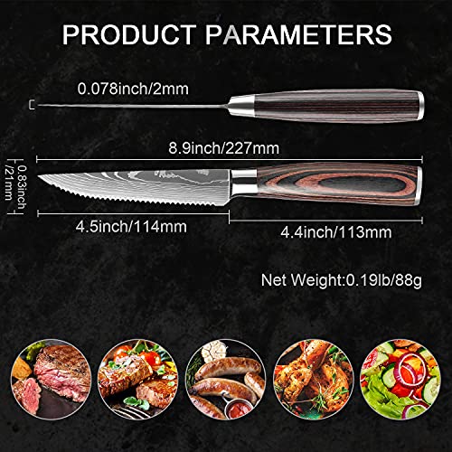 XT XITUO Steak Knives Set of 6 Piece Damascus Patterned Stainless Steel Serrated Knife Wooden Handle Beef Cleaver Multipurpose Restaurant Cutlery Table Knife (6PC Steak Knife Set)