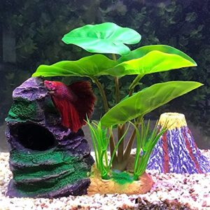 COOSPIDER Betta Fish Leaf Pad Hammock Aquarium Decoration Cichlid Fish Tank Resin Rock Mountain Cave Ornaments Fish Bowl Decorations for Sleeping Resting Hiding Playing Breeding