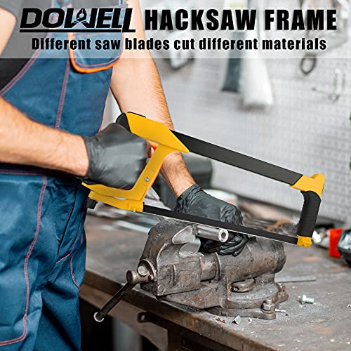 DOWELL Hand Saw 12-inch Hacksaw Frame Heavy Duty Adjustable 45/90 Angle Hacksaw with 5 Replaceable Saw Blades Inside the Frame for Steel Pipe Cutting PVC Carpentry Woodworking HY041101