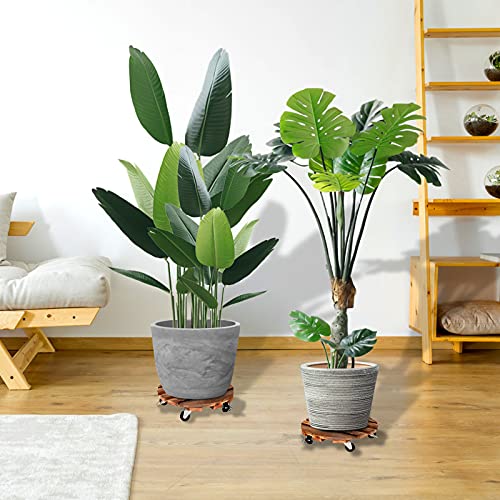 2 Pack Plant Caddy Wooden 12 Inch Plant Stand with Wheels Heavy Duty Rolling Plant Stand Round Plant Dolly Rollers Cart with Metal Lockable Casters for Outdoor/Indoor Large Plant Pot/Flower Pot/Patio