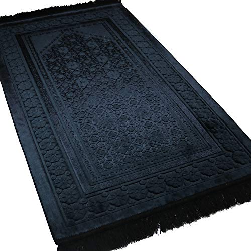 Modefa Velvet Prayer Rug - Soft Plush Turkish Janamaz Sajada Carpet for Men and Women - Plain Solid Prayer Mat Ramadan Eid Gift - with Prayer Beads - Luxury Floral Stamp (Black)