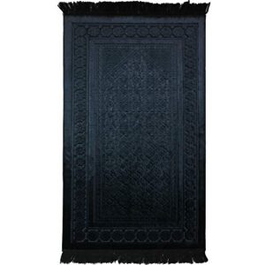 Modefa Velvet Prayer Rug - Soft Plush Turkish Janamaz Sajada Carpet for Men and Women - Plain Solid Prayer Mat Ramadan Eid Gift - with Prayer Beads - Luxury Floral Stamp (Black)