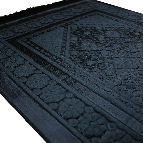 Modefa Velvet Prayer Rug - Soft Plush Turkish Janamaz Sajada Carpet for Men and Women - Plain Solid Prayer Mat Ramadan Eid Gift - with Prayer Beads - Luxury Floral Stamp (Black)