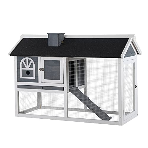 PawHut 47" L Rabbit Hutch Outdoor Bunny Cage with Waterproof Roof, Removable Tray, and Ramp, Grey & White