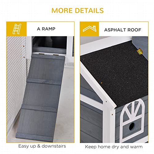 PawHut 47" L Rabbit Hutch Outdoor Bunny Cage with Waterproof Roof, Removable Tray, and Ramp, Grey & White