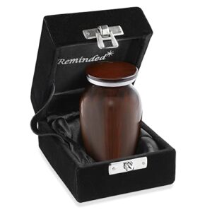 reminded small cremation memorial urn for human ashes, brown mini keepsake with velvet case